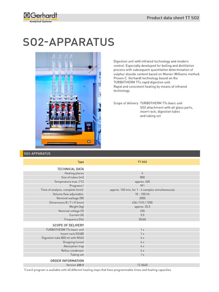 TT SO2 Apparatus Product Data Sheet | PDF | Glasses | Materials