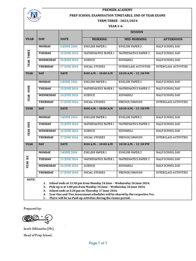 Prep School - End of Year - Exams Timetable | PDF | Qualifications | Schools