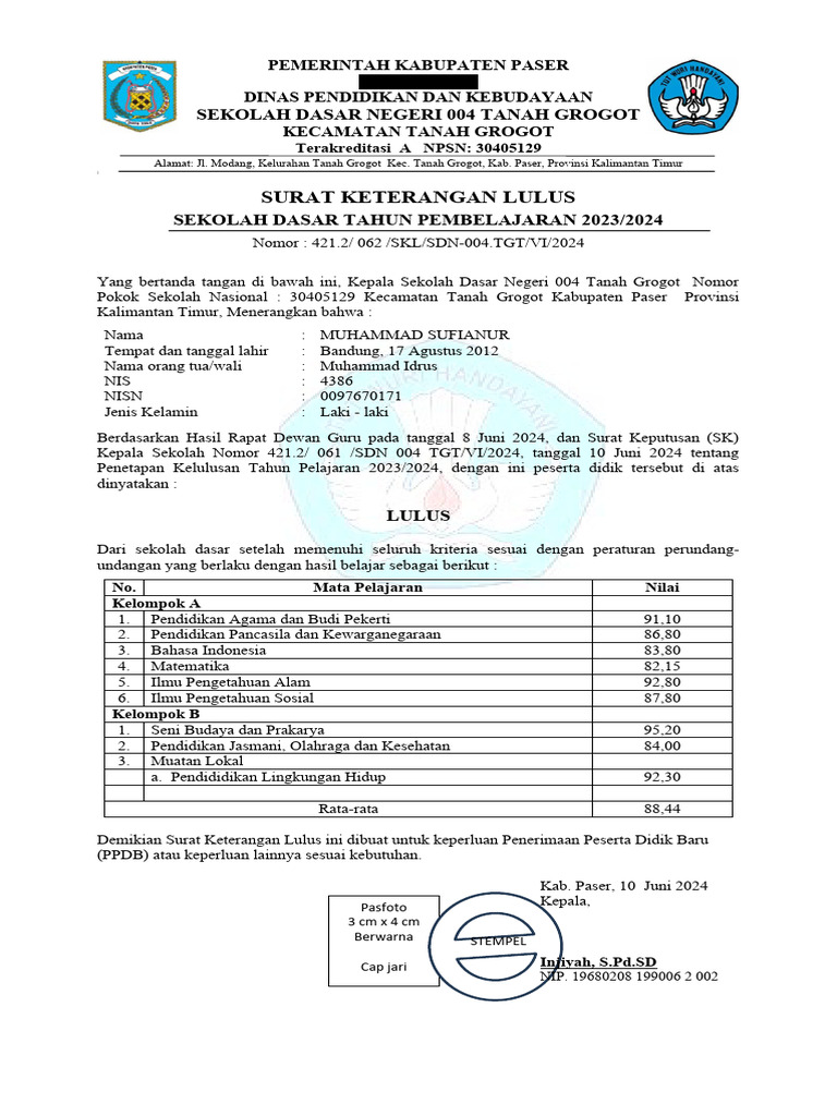 Contoh Form - SKL - 2023-2024 - Ok | PDF