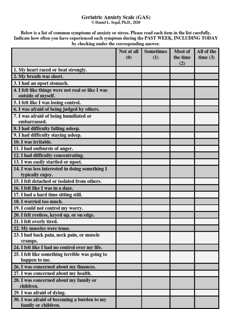 Geriatric Anxiety Scale 30 Item Version With Scoring Instructions and ...