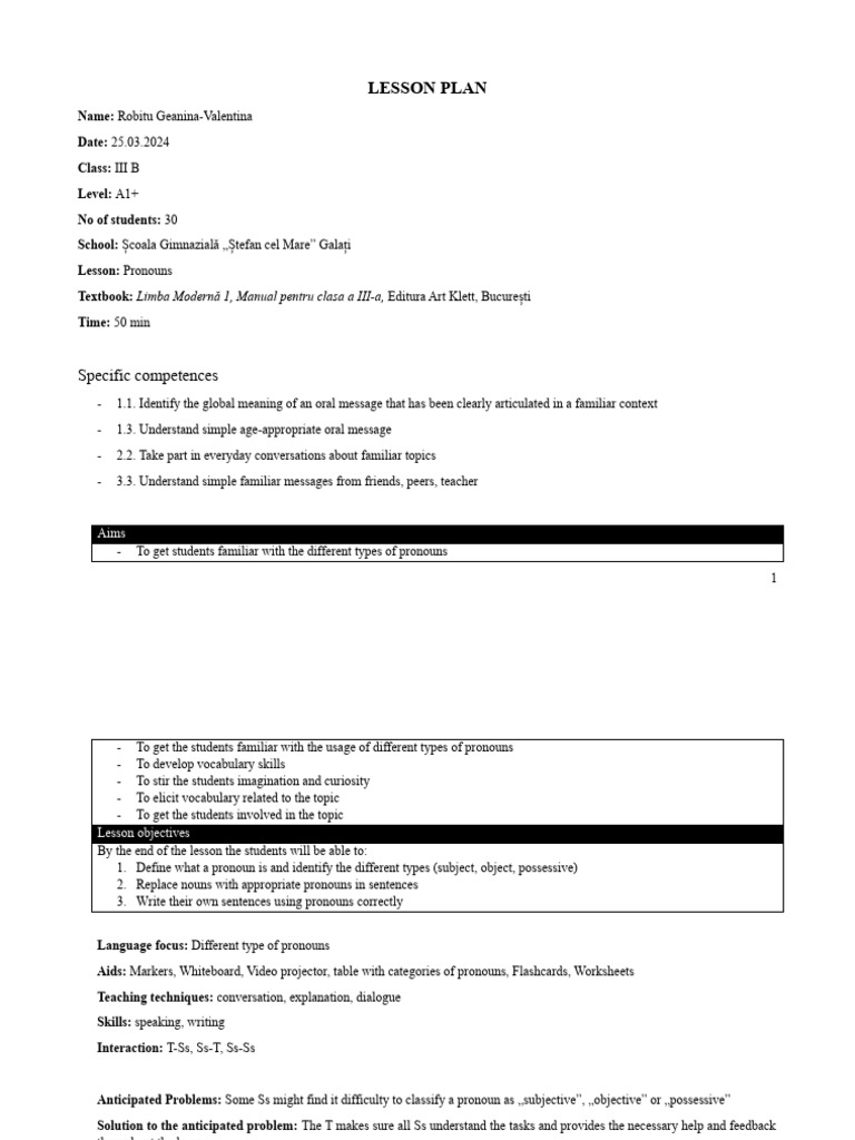 Lesson Plan 3rd Grade | PDF | Pronoun | Lesson Plan