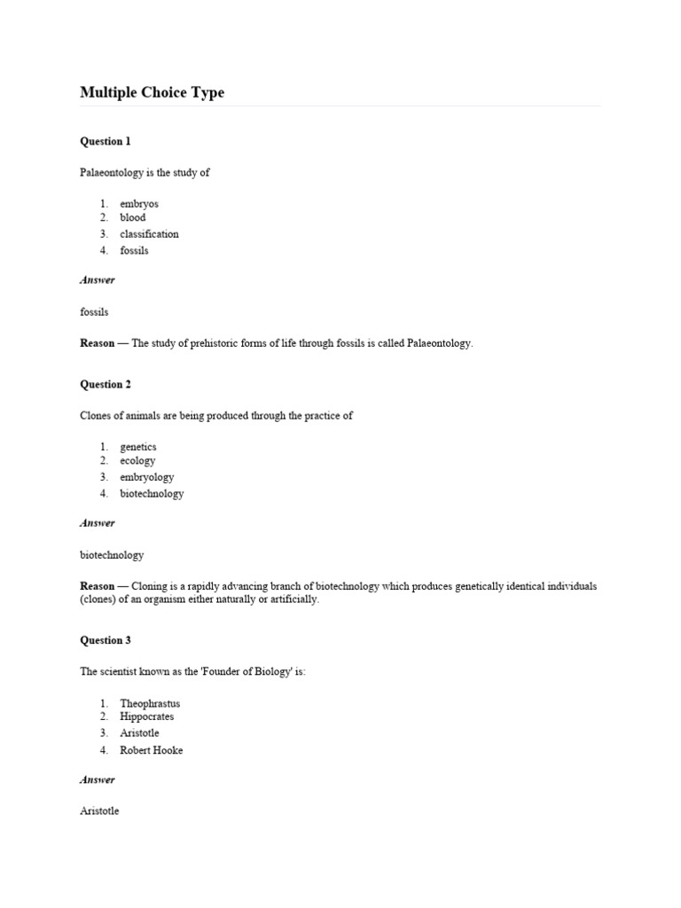Multiple Choice Type: Answer | PDF | Zoology | Biology