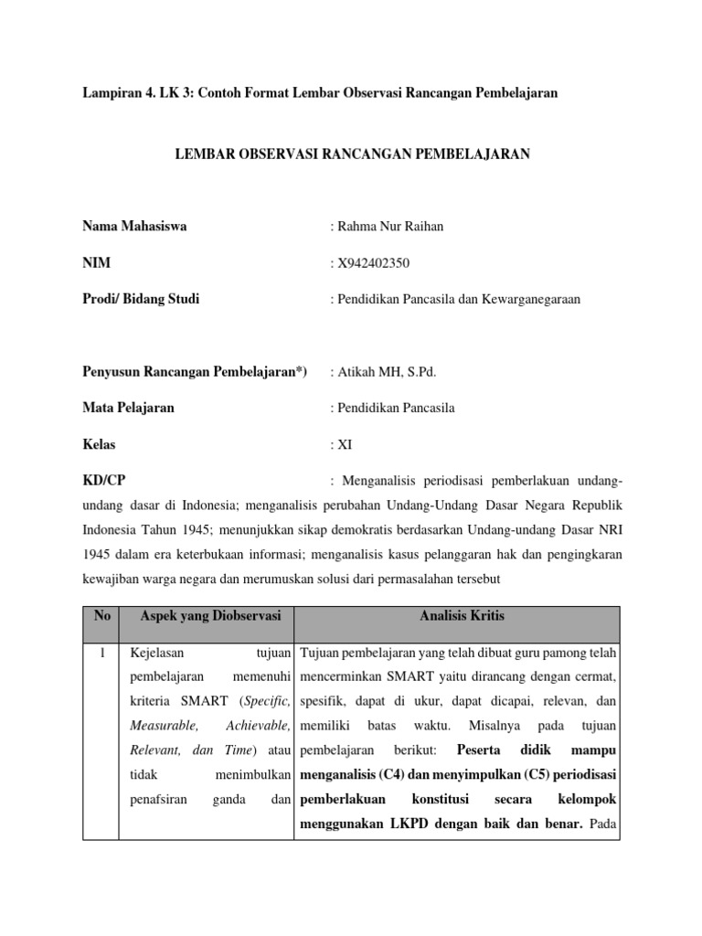 Lampiran 4. LK 3 Contoh Format Lembar Observasi Rancangan Pembelajaran-RAHMA NUR RAIHAN | PDF ...