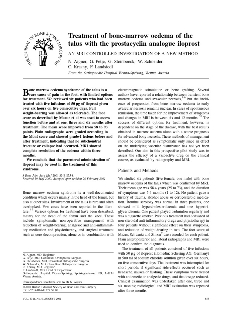 Treatment of Bone-Marrow Oedema of The Talus With The Prostacyclin Analogue Iloprost | PDF ...