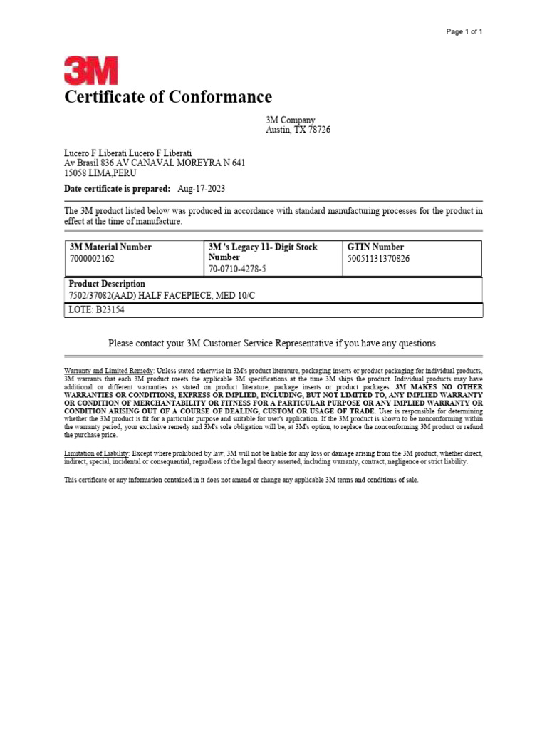 Certificate of Conformance: Please Contact Your 3M Customer Service Representative If You Have ...