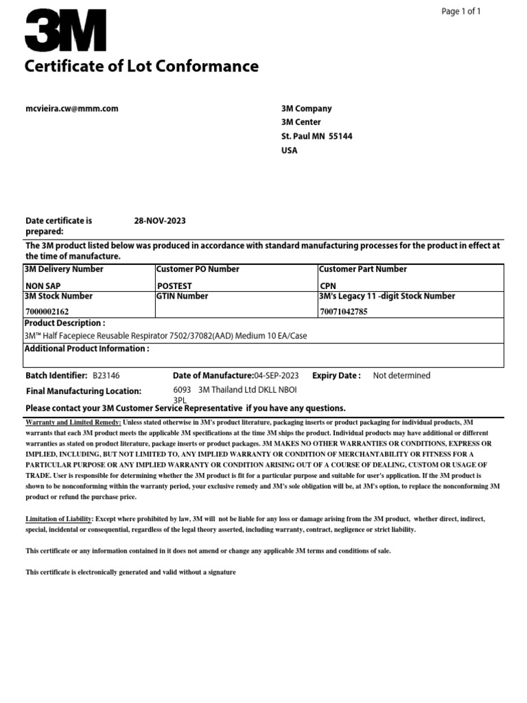 Certificate of Lot Conformance | PDF | Legal Liability | Business