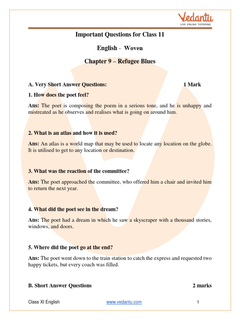 Important Questions Class 11 English Woven Words Chapter 9 Poem | PDF ...
