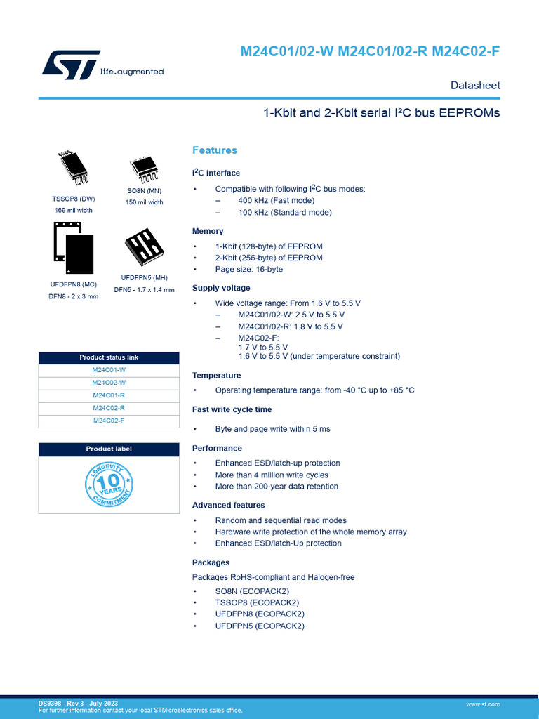 M24C01/02-W M24C01/02-R M24C02-F: 1-Kbit and 2-Kbit Serial I C Bus Eeproms | PDF | Transmission ...