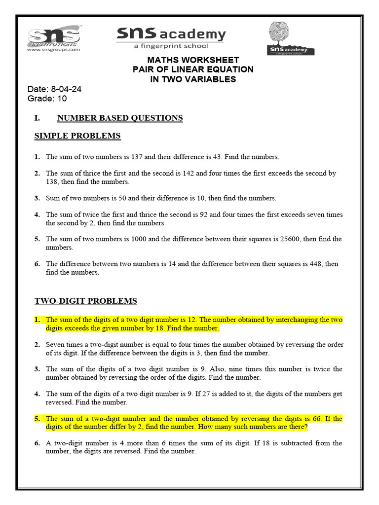 Two-Digit Number Problems Worksheet | PDF | Length | Numbers