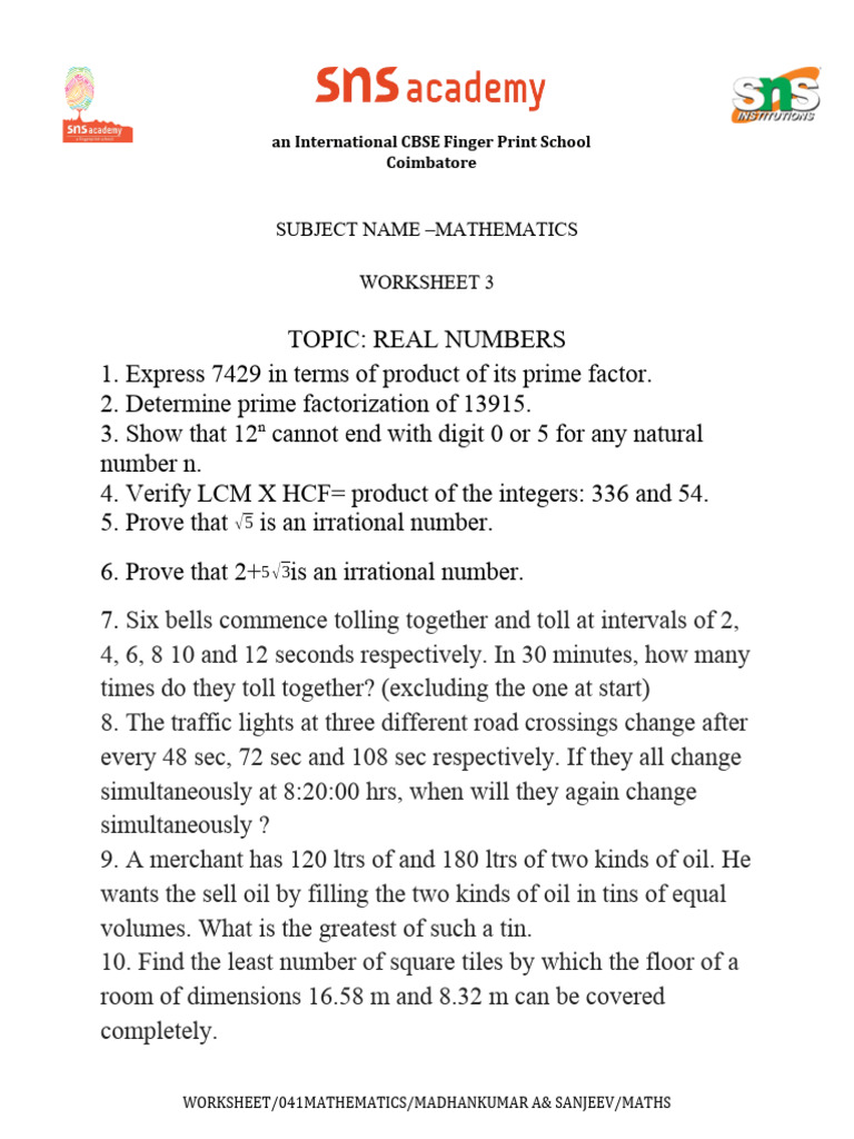 Real Numbers Worksheet | PDF
