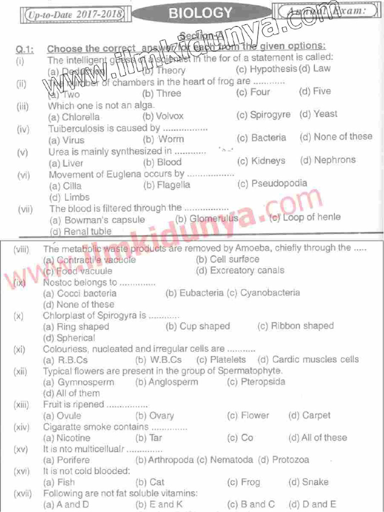 Past Papers 2017 Mirpurkhas Board 9th Class Biology Objective | PDF