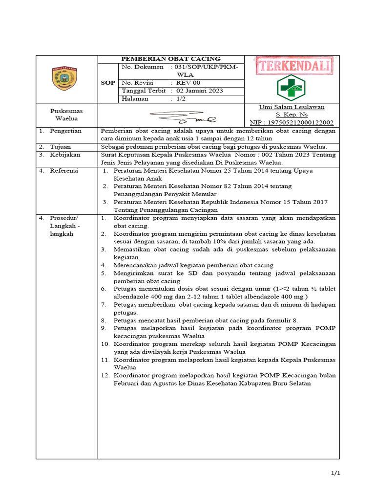 SOP PEMBERIAN OBAT CACING | PDF