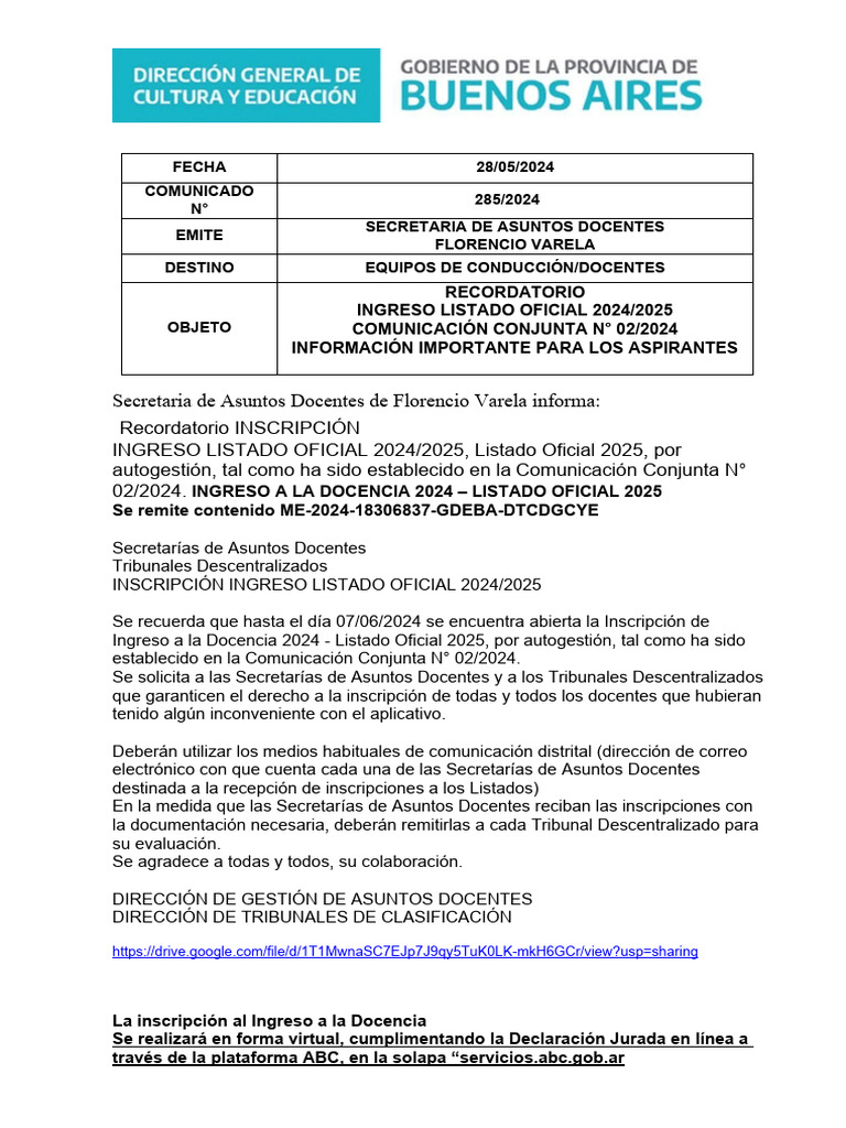 Comunicado N°285 Ingreso A La Docencia Informacion Importante para Los ...