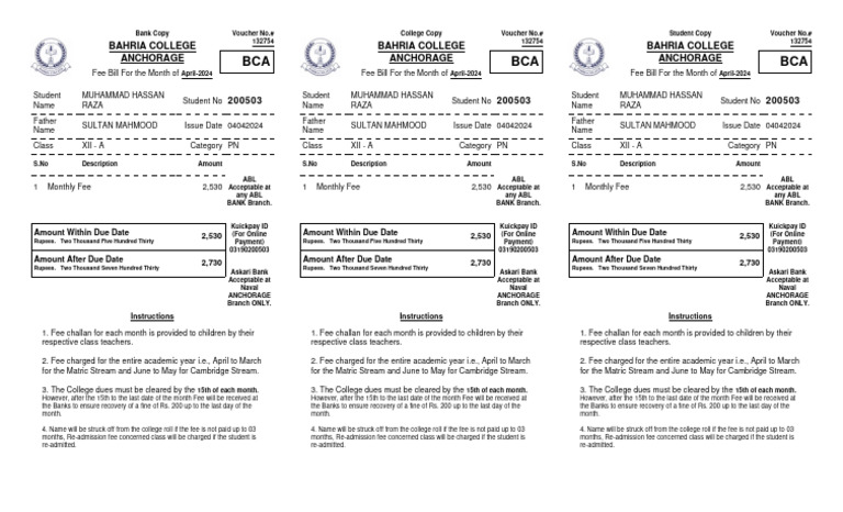 BCA Fee Slip 200503 132754 04042024 | PDF | Payments