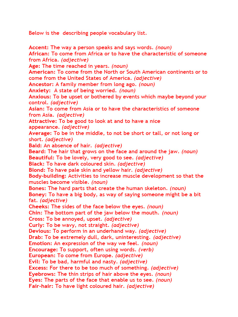 People Vocabulary List & Exercises | PDF | Adjective | Noun