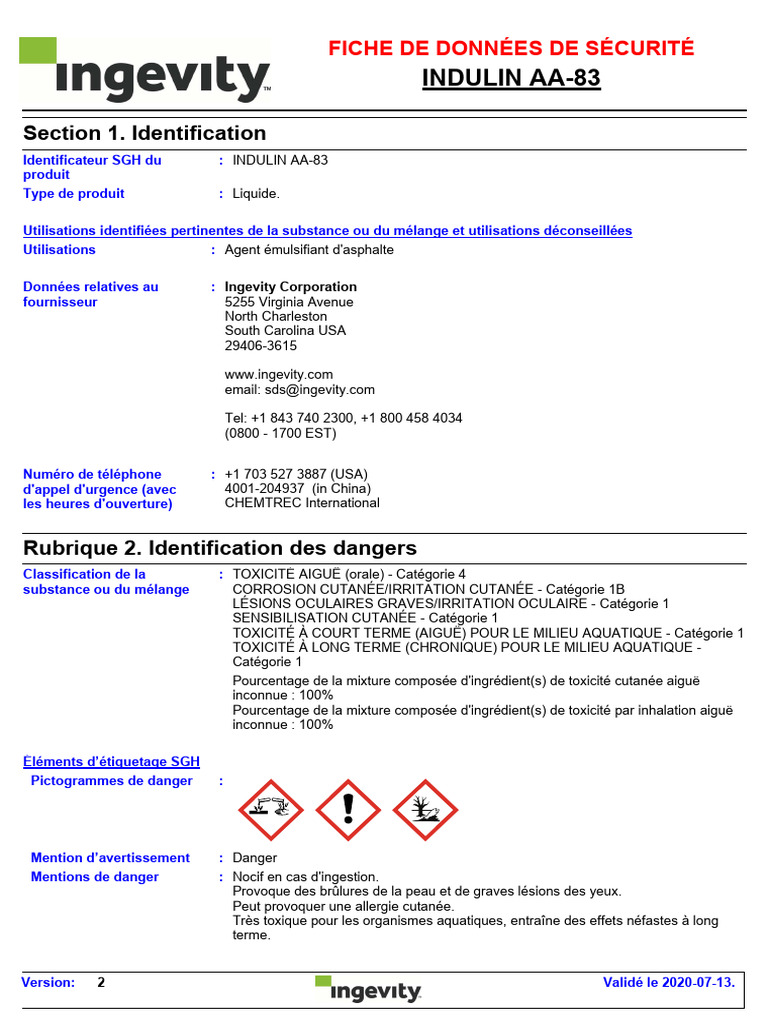 Fiche de sécurité Indulin AA-83 | PDF | Déchets | Ventilation ...