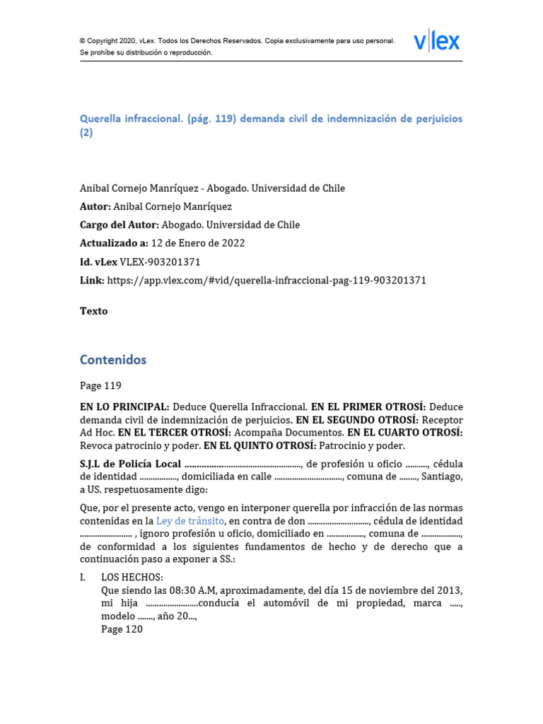 Querella Infraccional PG 119 Demanda Civil de Indemnizacin D | PDF | Derechos de autor | Ley común