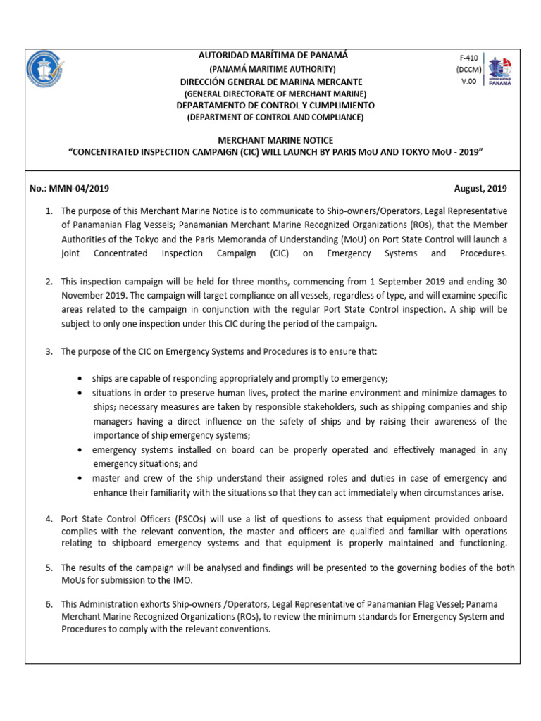 MMN 04 2019 CONCENTRATED INSPECTION CAMPAIGN CIC WILL LAUNCH BY PARIS MoU AND TOKYO MoU 2019 1 ...