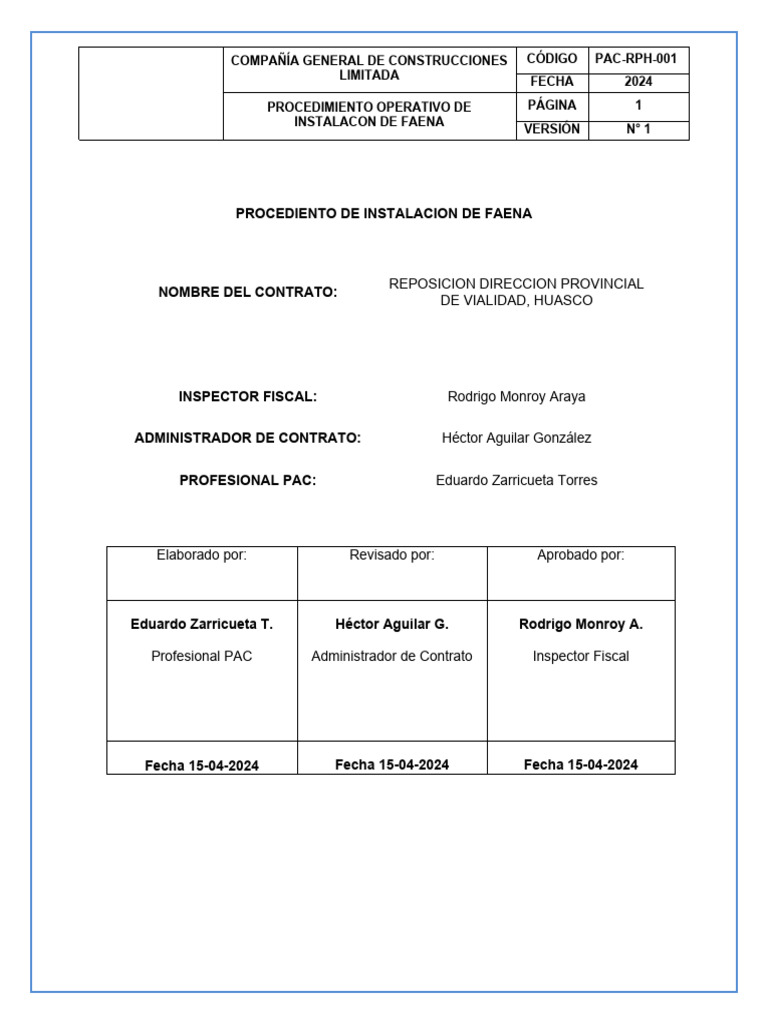 1.-Procedimiento Instalacion de Faena | PDF | Higiene