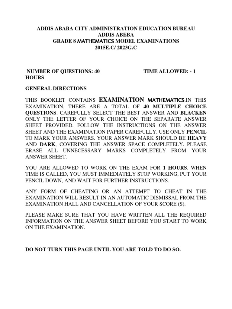 Grade 8 Mathematics Model Exam 2015 | PDF