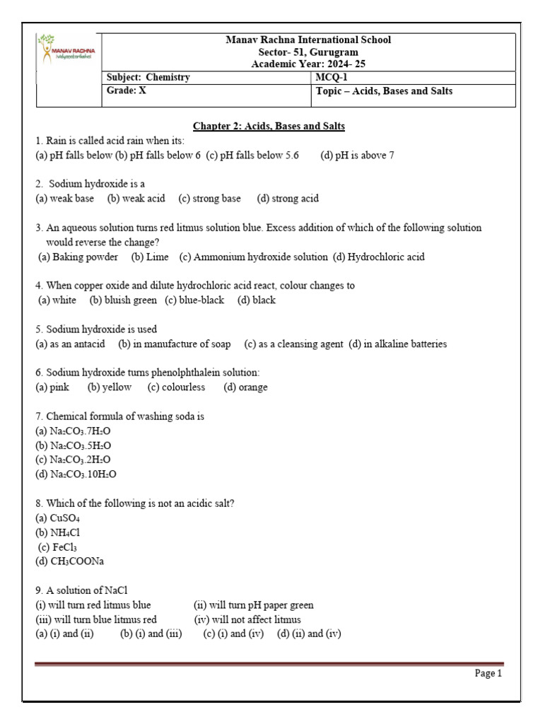 Grade X Chemistry Chap 2 Worksheet | PDF | Sodium Carbonate | Acid