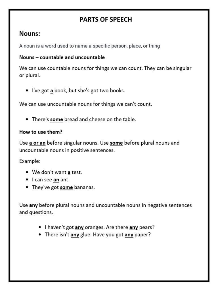 Parts of Speech - Grade 4 | PDF | Noun | Plural