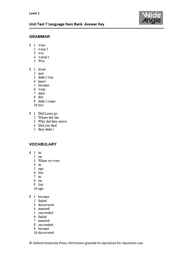 WA 02 Unit Test 07 Item Bank Answer Key | PDF