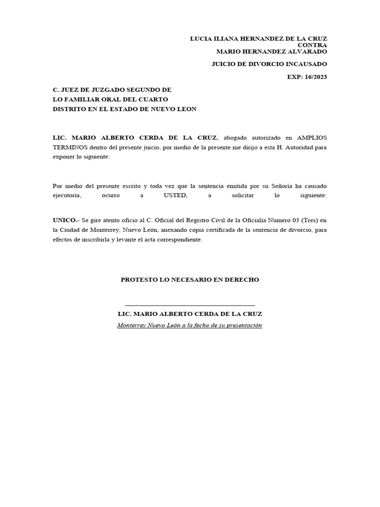 Registro de Sentencia de Divorcio en NL | PDF