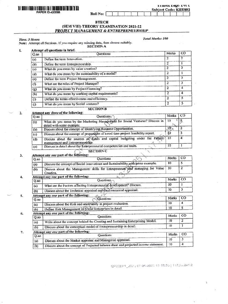 Btech Hu 8 Sem Project Management and Entrepreneurship Khu802 2022 | PDF | Teaching Methods ...