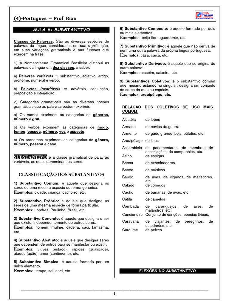 Aula Substantivos | PDF | Classe gramatical | Pronome