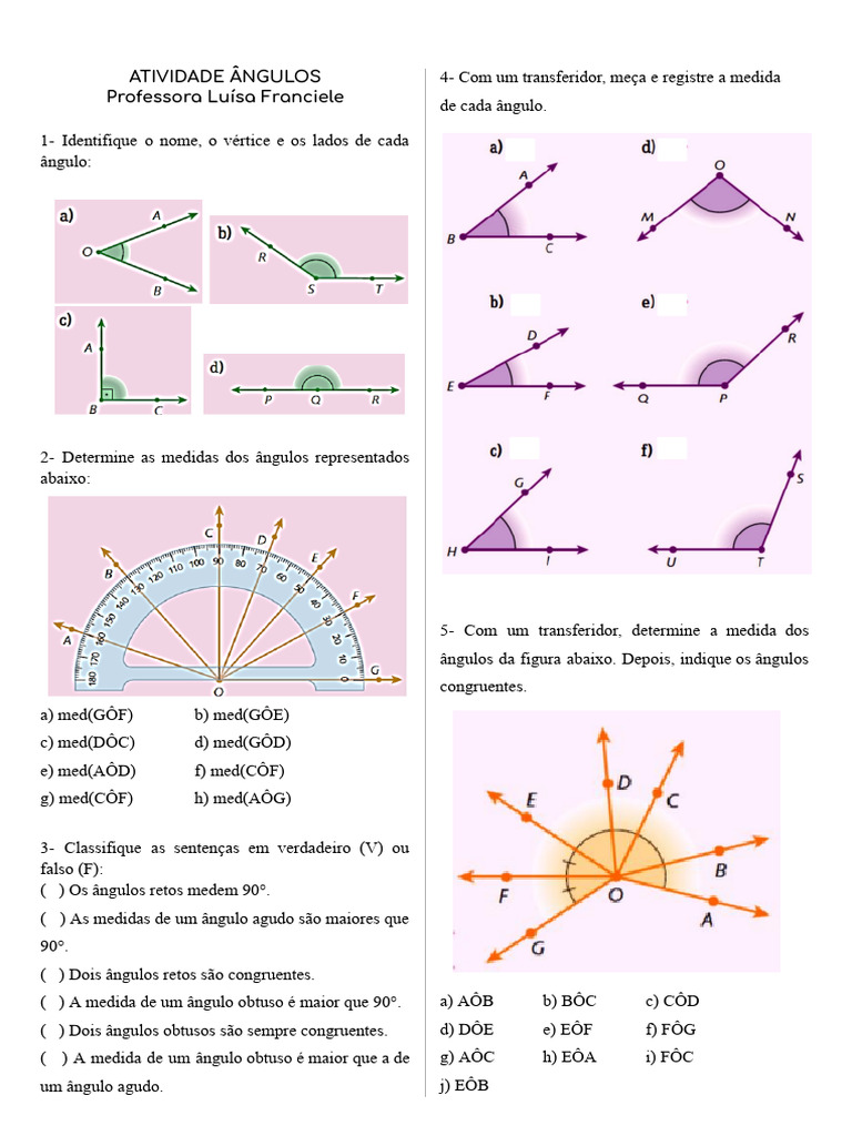 ATIVIDADE ÂNGULOS - 7 Ano 1bim | PDF | Ângulo | Geometria