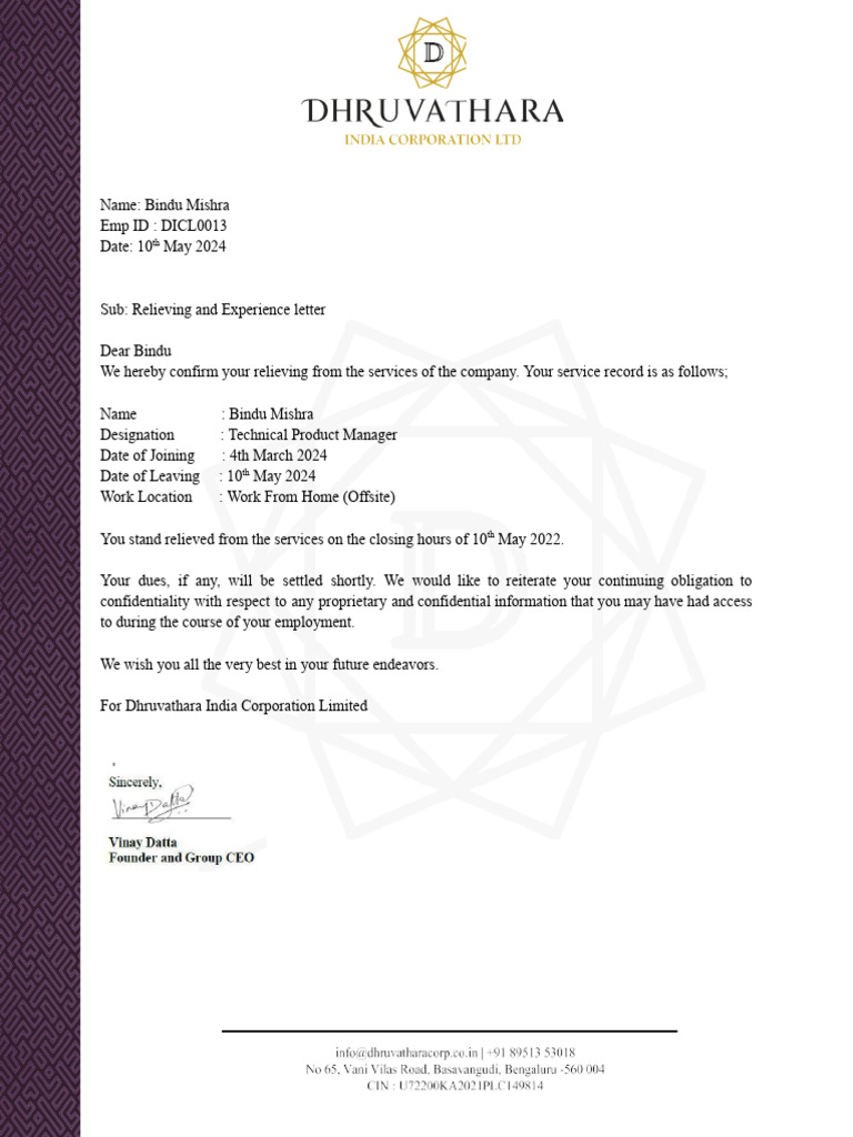 Bindu Mishra_DICL_Relieving and Experience Letter | PDF