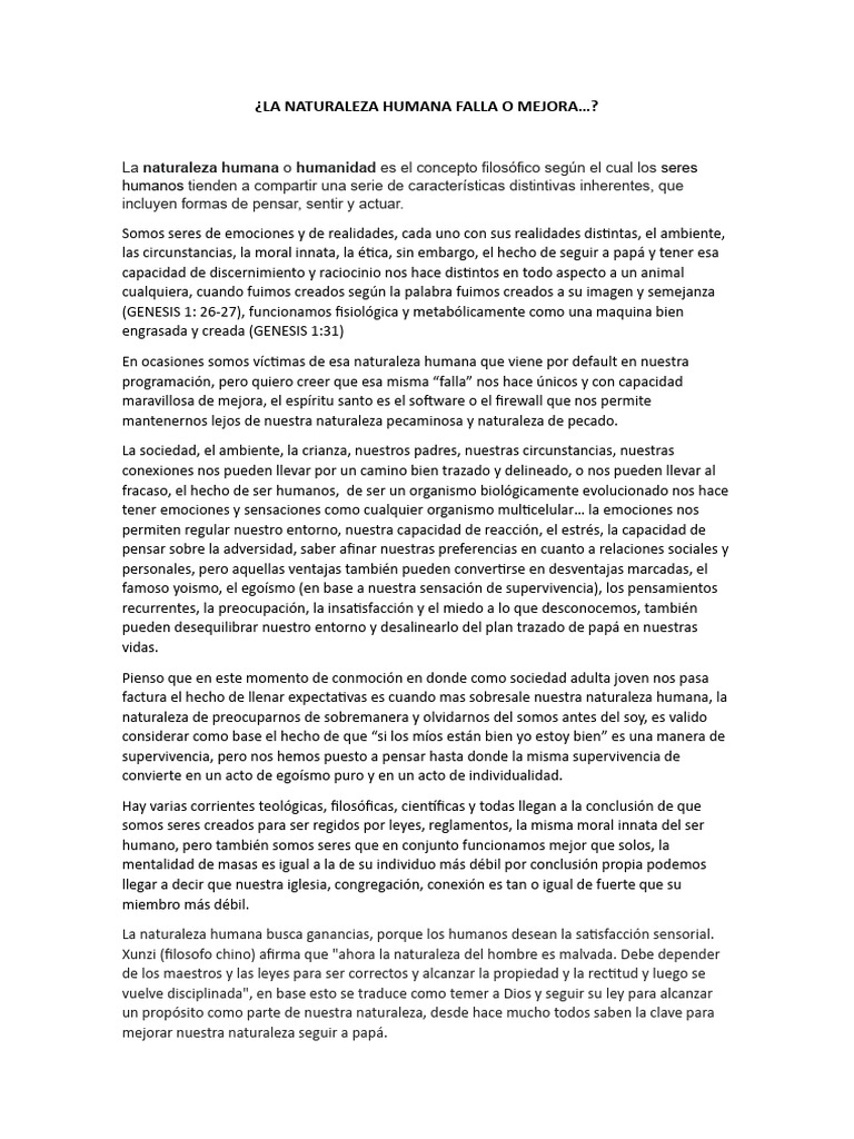 La Naturaleza Humana Falla o Mejora - Borrador | PDF | La naturaleza ...