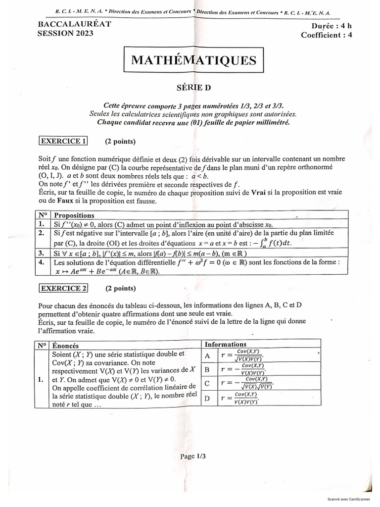 Sujet de Maths Bac 2023 Serie D | PDF