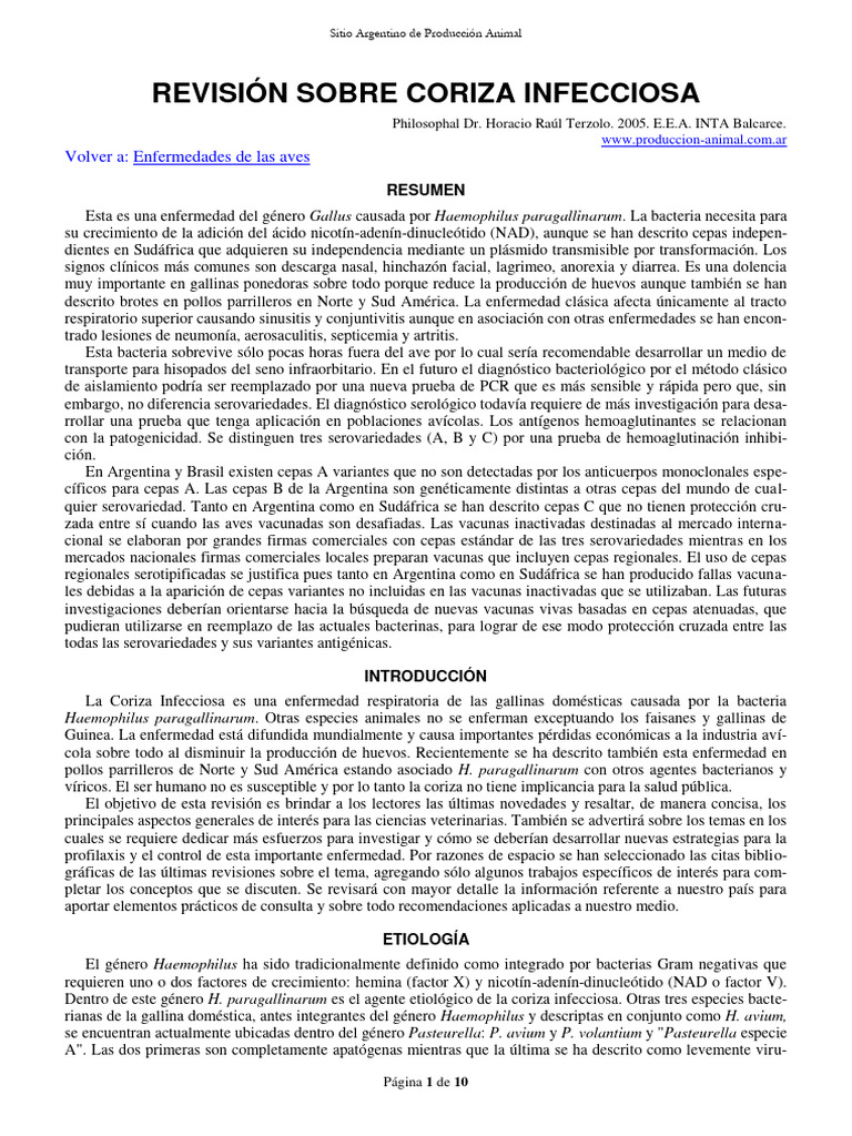 Revisión Sobre Coriza Infecciosa | PDF | Vacunas | Infección