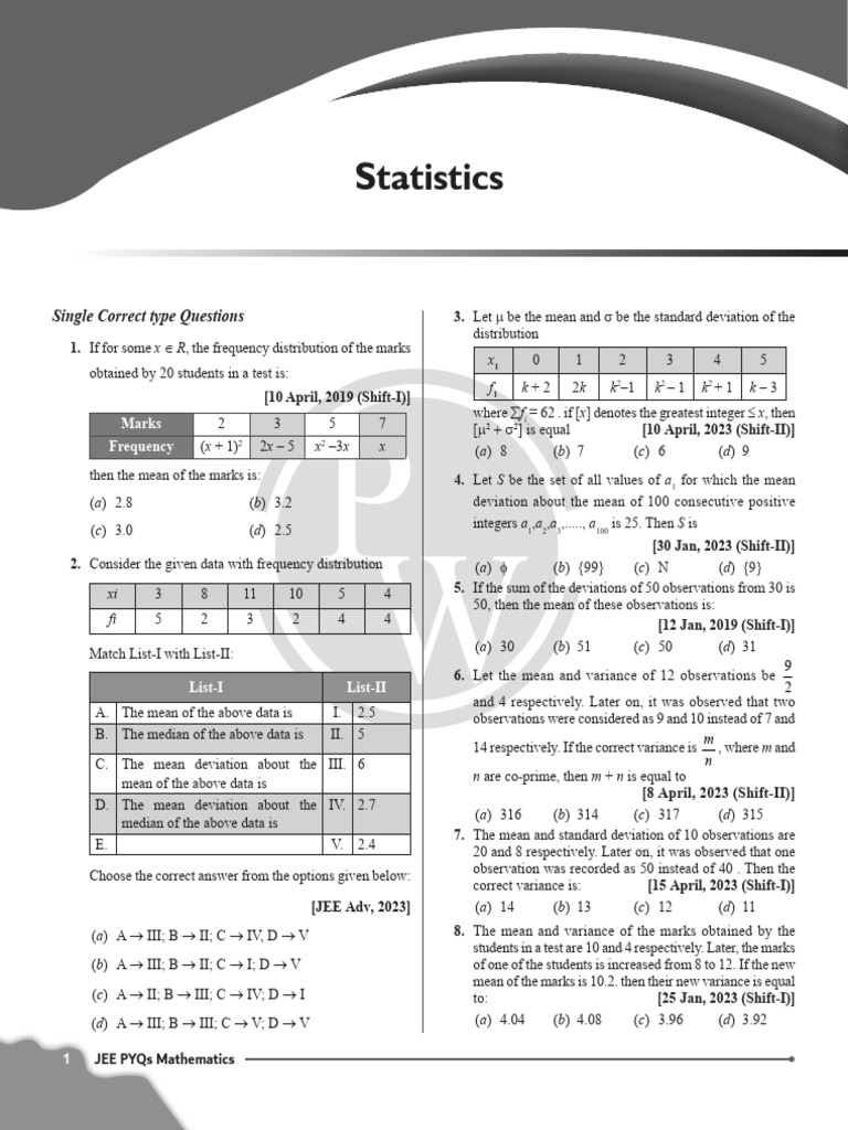 Statistics - PYQ Practice Sheet | PDF | Variance | Standard Deviation