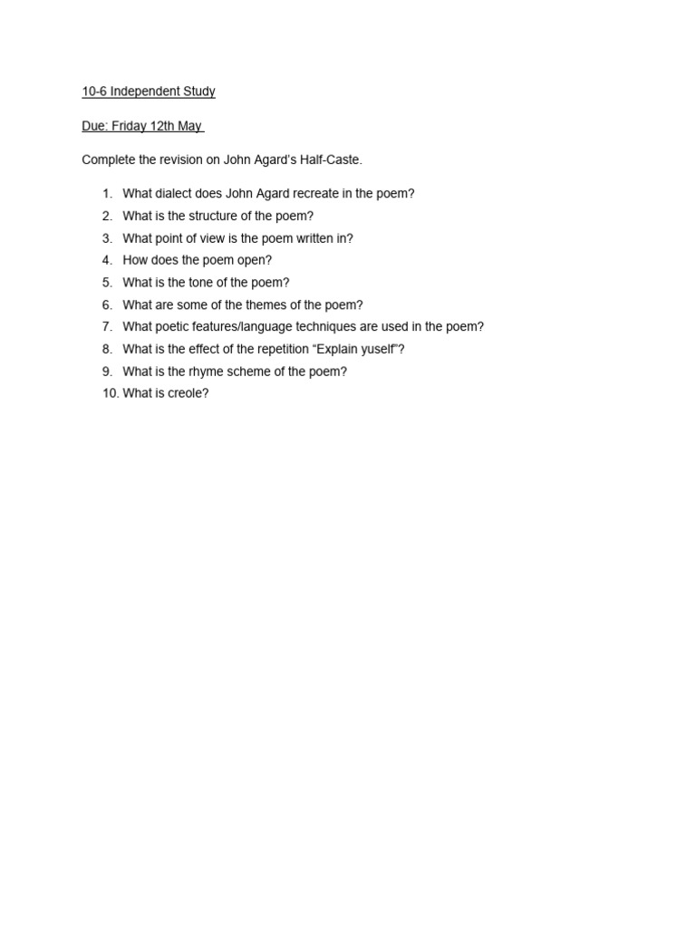 John Agard's Half-Caste Study Guide | PDF | Language Arts & Discipline ...