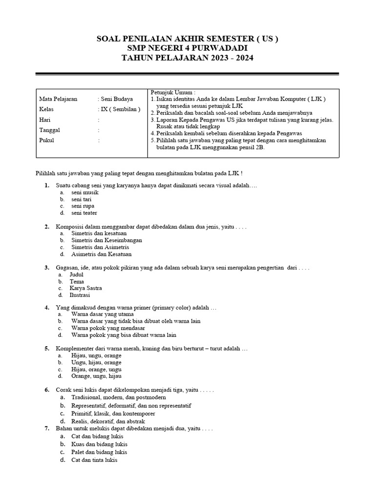 Soal US Senbud Kelas 9 2023 - 2024 - Salin | PDF