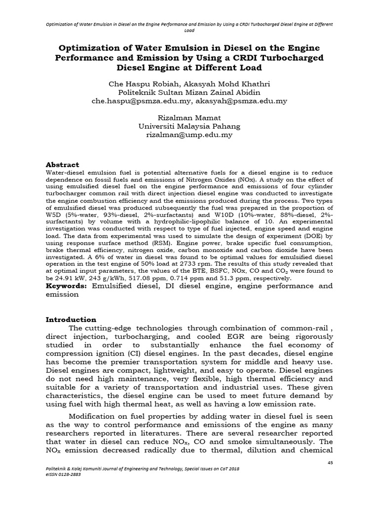 2019 Optimization of Water Emulsion in Diesel On The Engine Performance ...