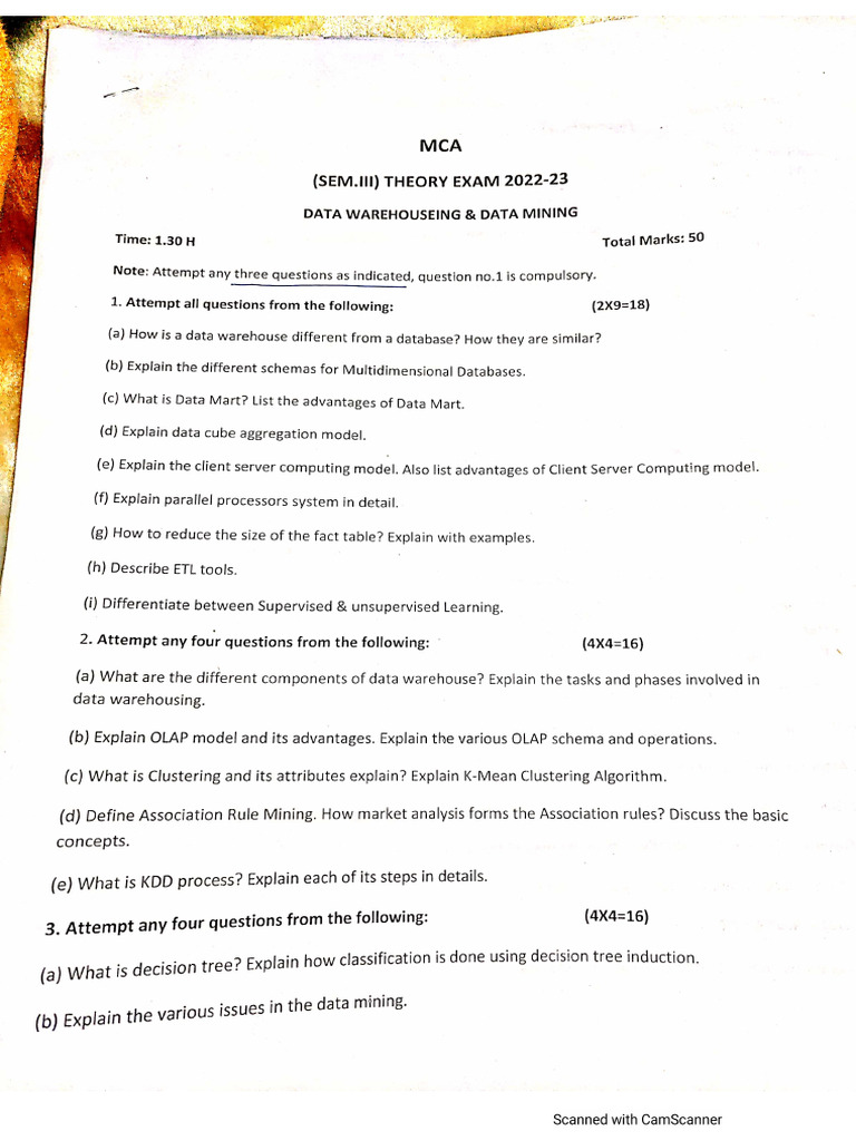 Data mining & Warehousing PYQ | PDF