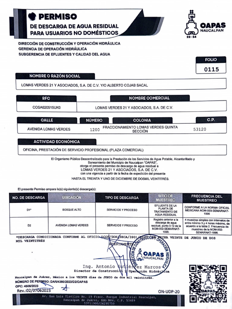 Permiso de Descargas de Aguas Residuales Plaza Cúspide | PDF ...