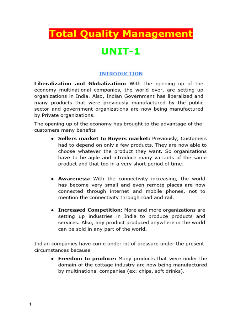 TQM Unit-I Notes | PDF | Statistics | Sampling (Statistics)