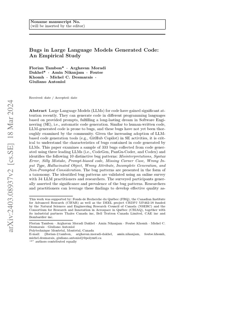 Bugs in LLms Genereated Code | PDF | Software Bug | Survey Methodology