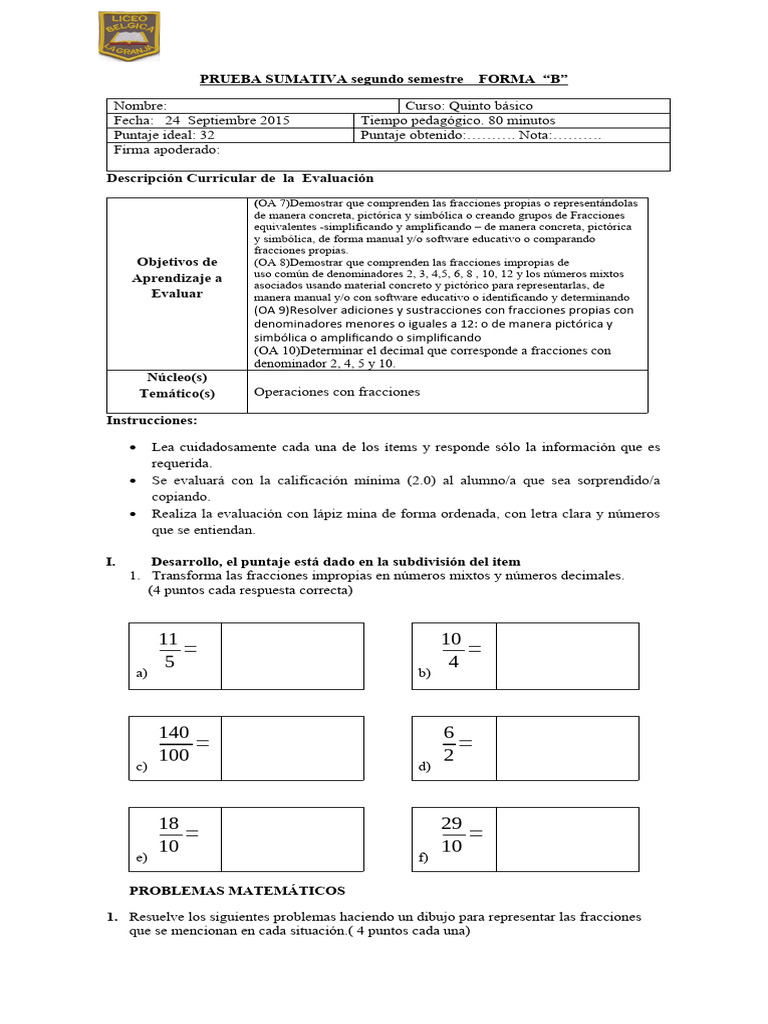 Prueba Fracciones B 5° Básico | PDF