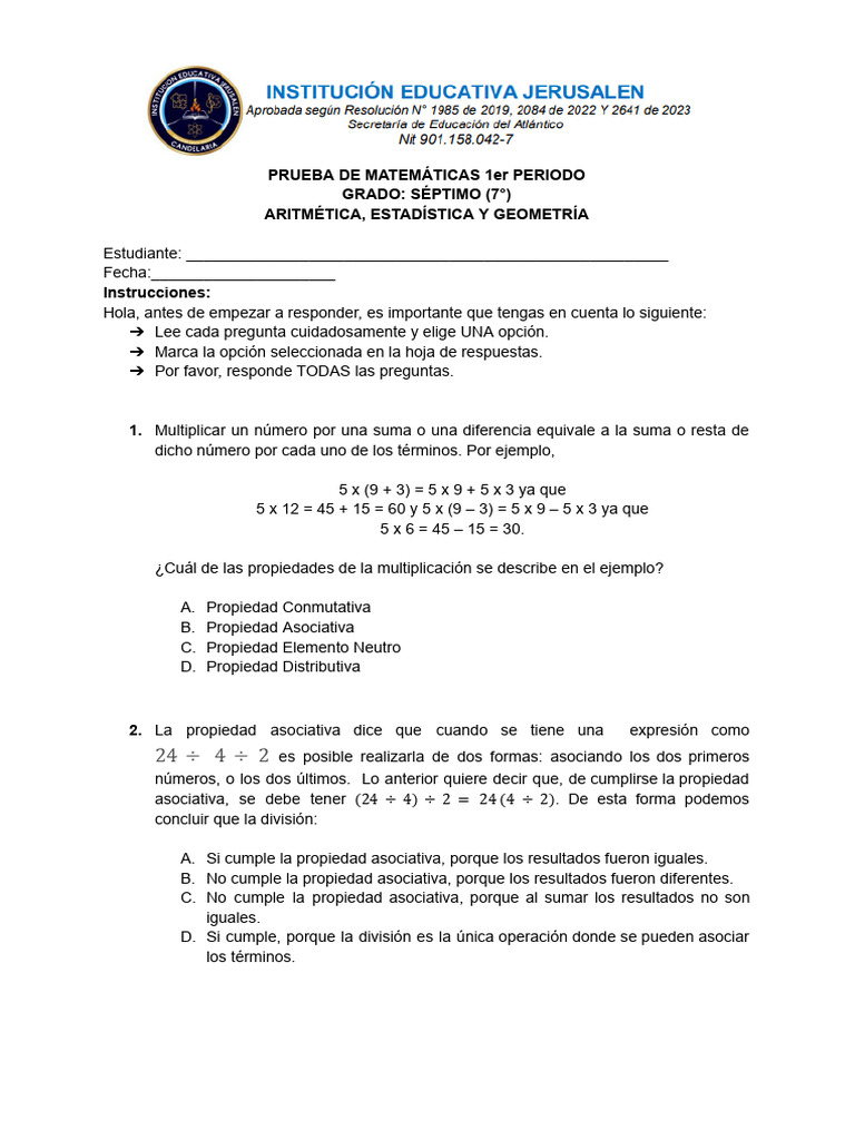 Evaluacion Matematicas Septimo 1er Periodo | PDF | Geometría ...