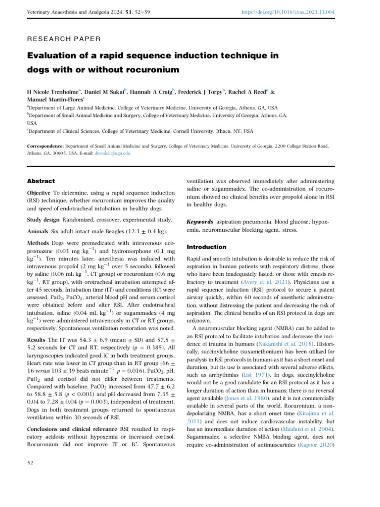 Evaluation of A Rapid Sequence Induction Technique in Dogs With or ...