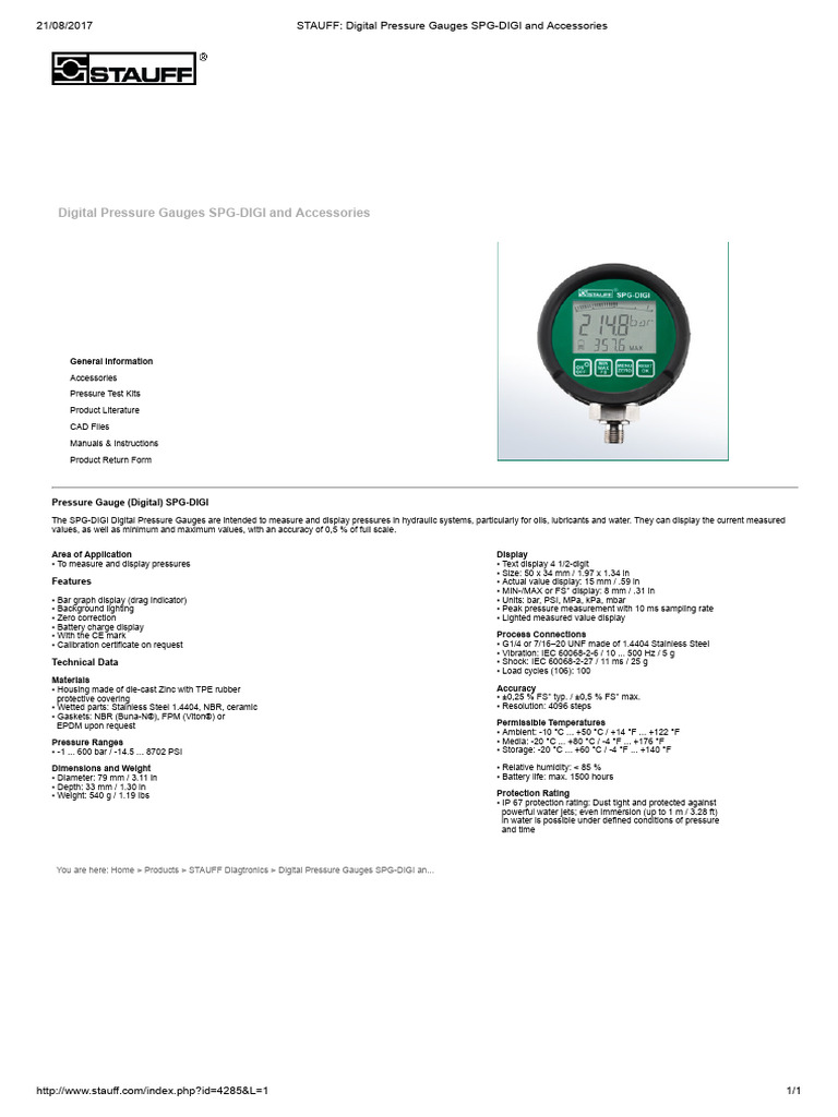 STAUFF - Digital Pressure Gauges SPG-DIGI and Accessories | PDF ...