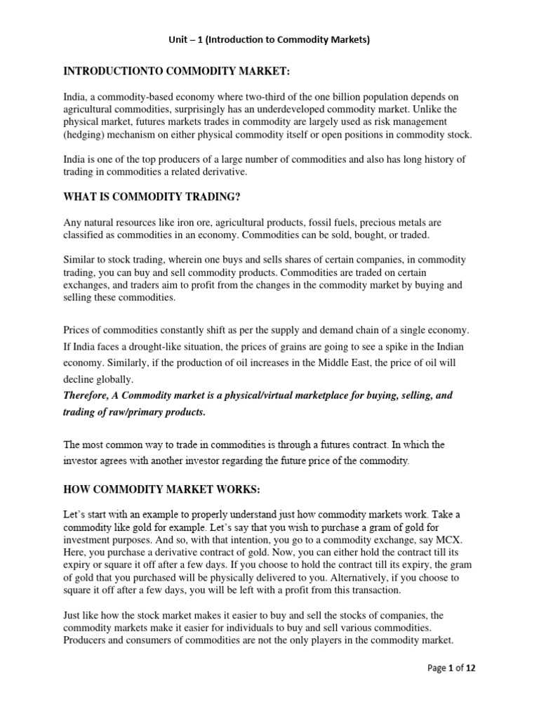 Unit - 1 (Introduction To Commodity Markets) | PDF | Futures Contract ...