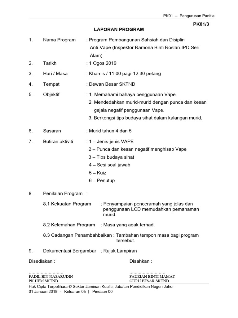 Laporan Program Pembangunan Sahsiah Dan Disiplin Anti Vape | PDF