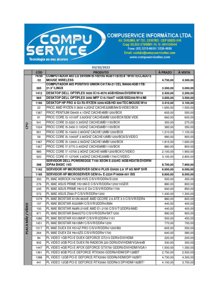 TABELA COMPUSERVICE INFORMÁTICA (4) | PDF | Hdmi | Computer Monitor